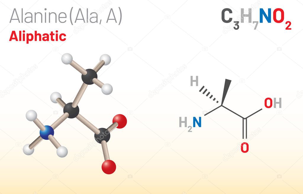 Alanine (Ala, A) amino acid molecule. (Chemical formula C3H7NO2) it is ...