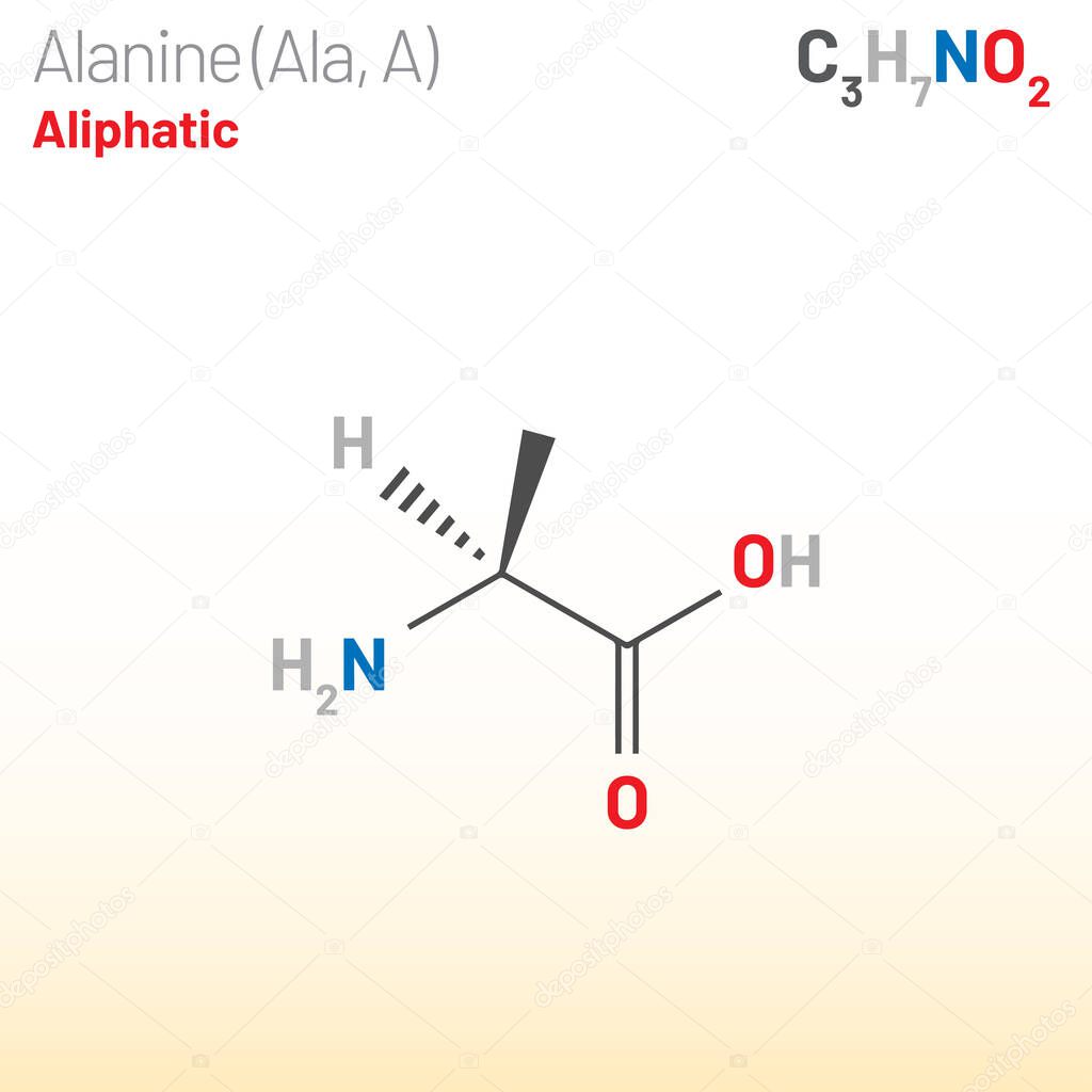 Alanine (Ala, A) amino acid molecule. (Chemical formula C3H7NO2) it is ...