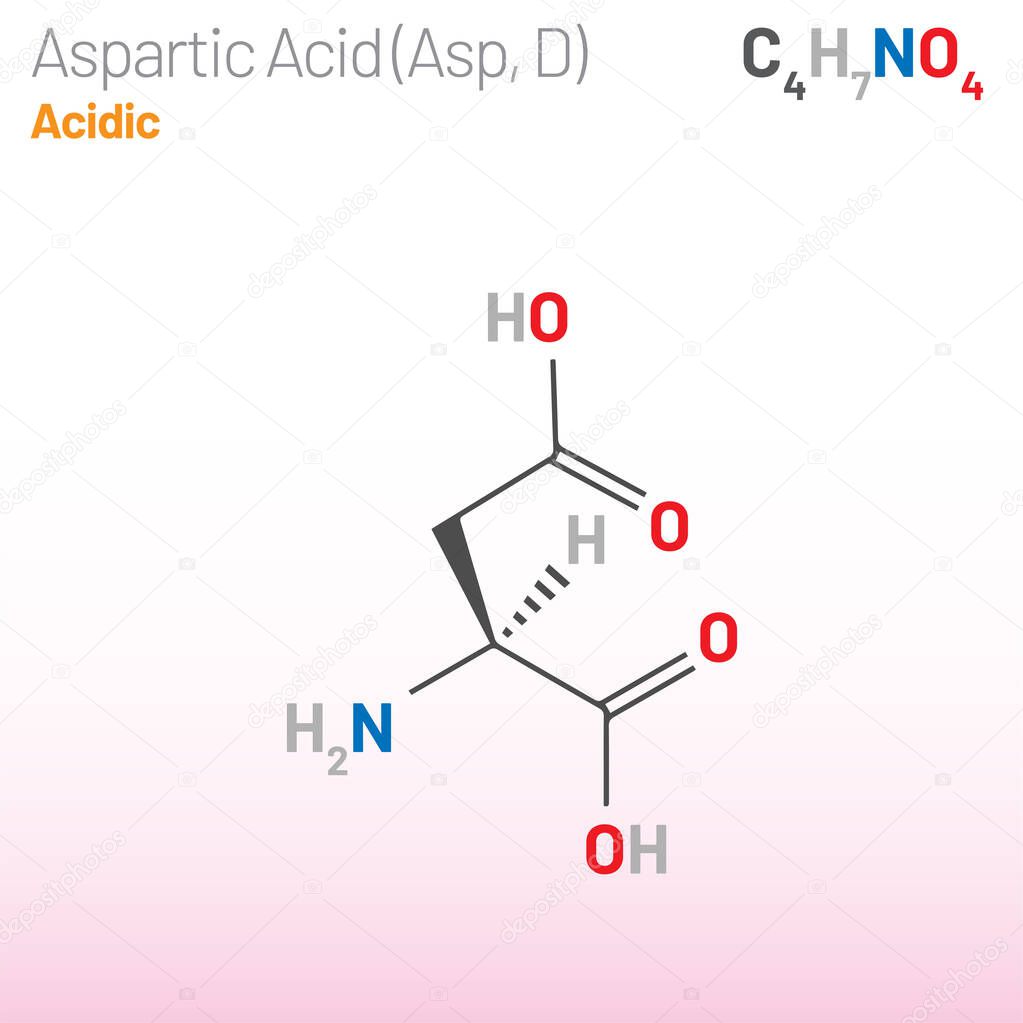 Aspartic Acid (Asp, D) amino acid molecule. (Chemical formula C4H7NO4 ...