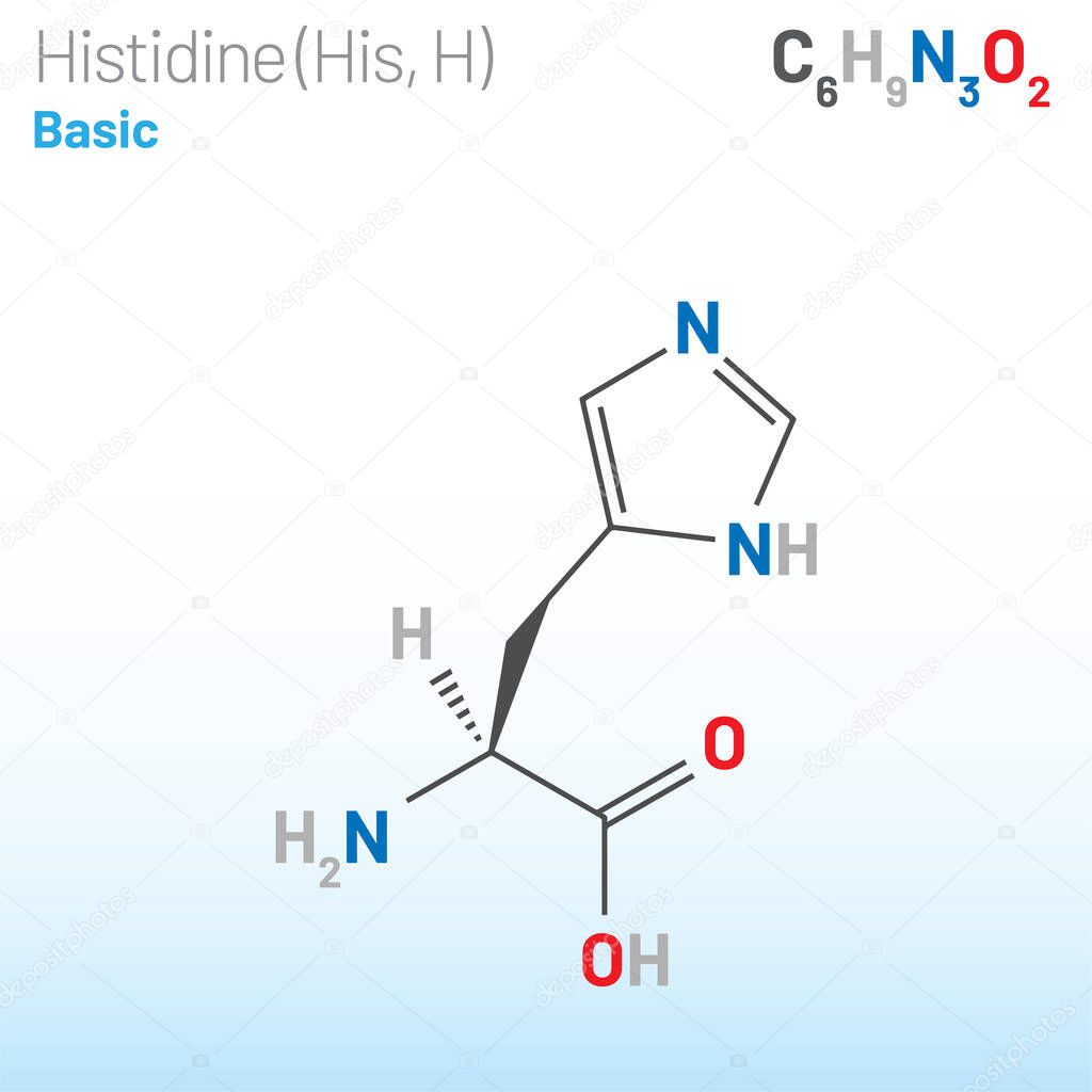 Histidine (His, H) amino acid molecule. (fórmula química C6H9N3O2) se ...
