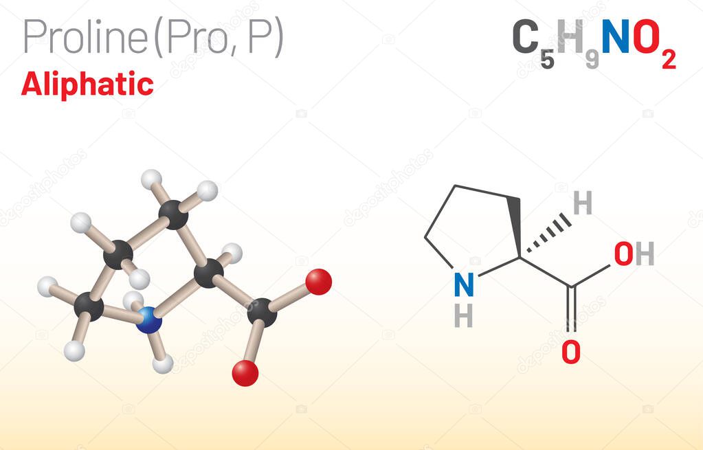Proline (Pro, P) proteinogenic amino acid molecule. (Chemical formula ...