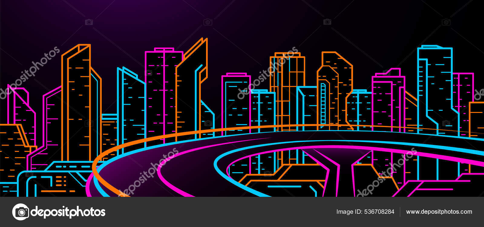 Neon Outline City Illustration Bridge Skyscrapers Retro Game Style ...