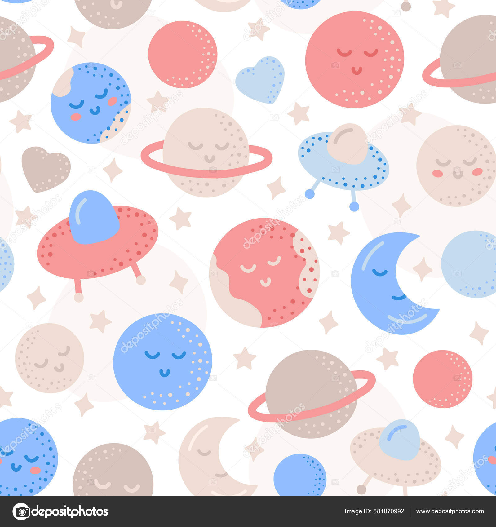 Cute Childish Pattern Smiling Pastel Planets White Background Stock ...
