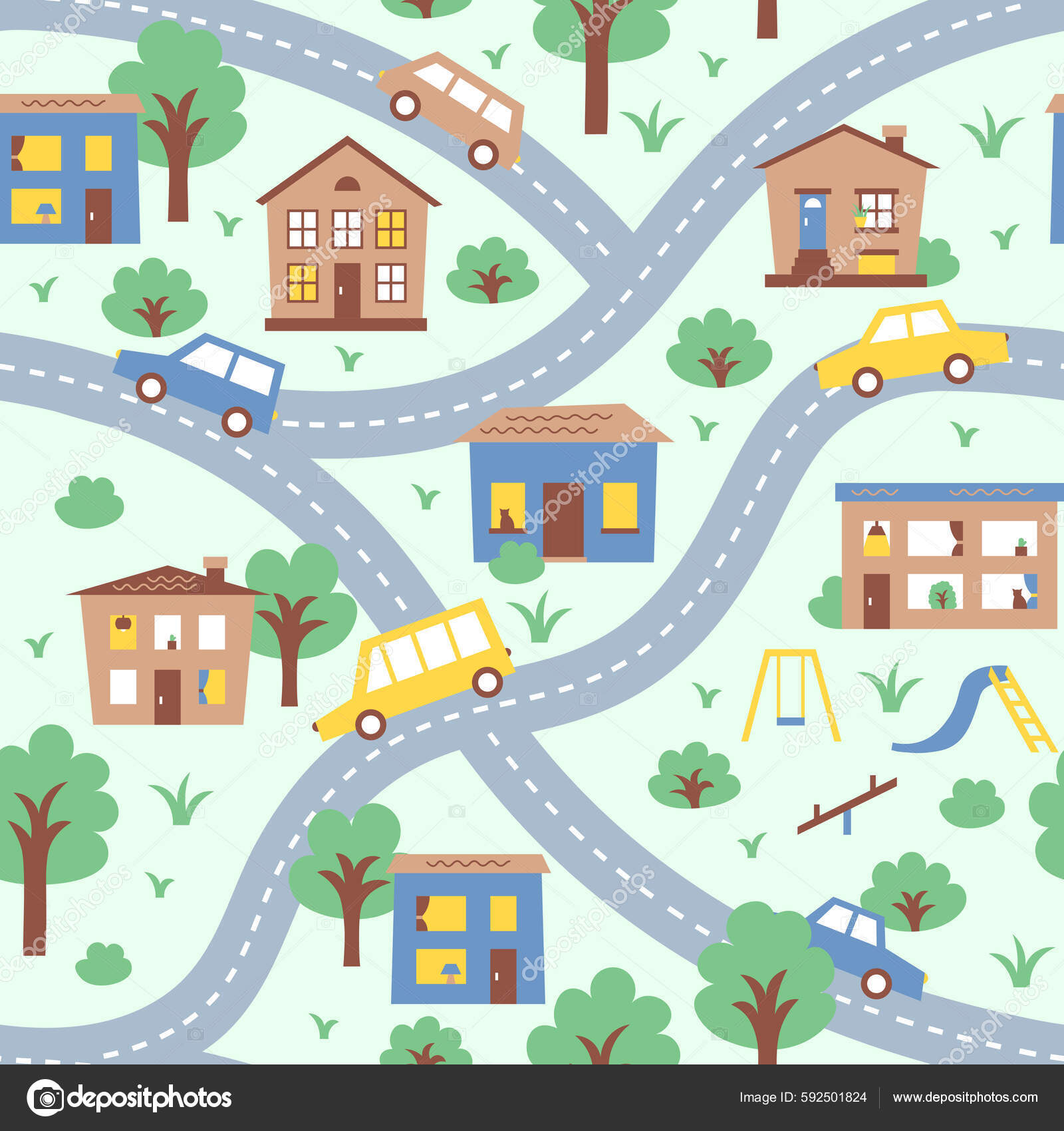 Cartoon Mapa Simples Cidade Bonita Ruas Com Carros Movimento ...