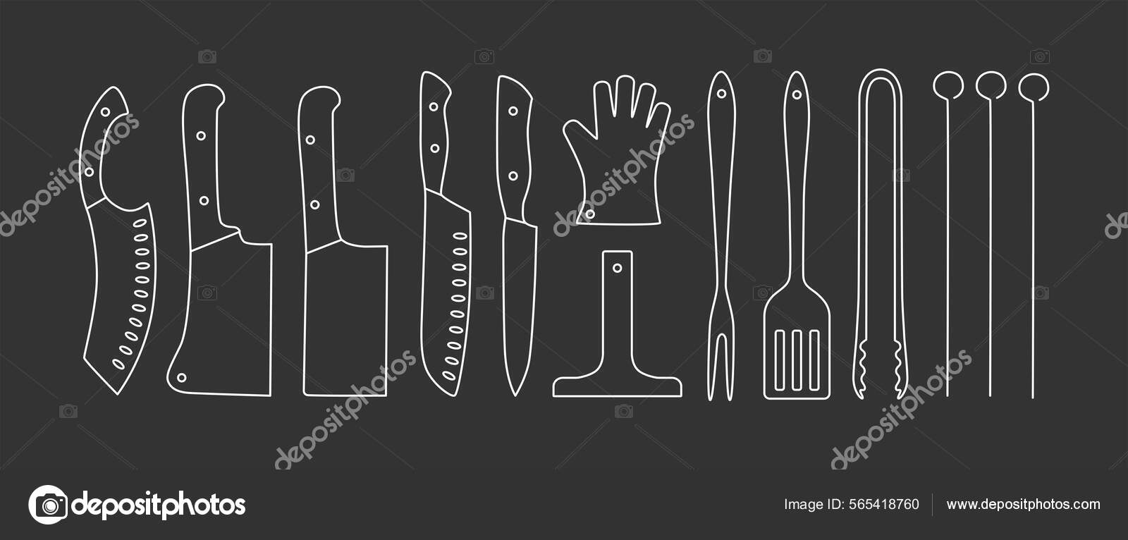 Barbecue, grill tools outline set. Editable stroke. Vector stock ...
