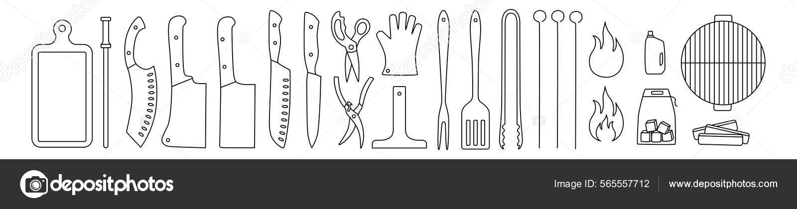 Barbecue, grill tools outline set. Editable stroke. Vector stock ...