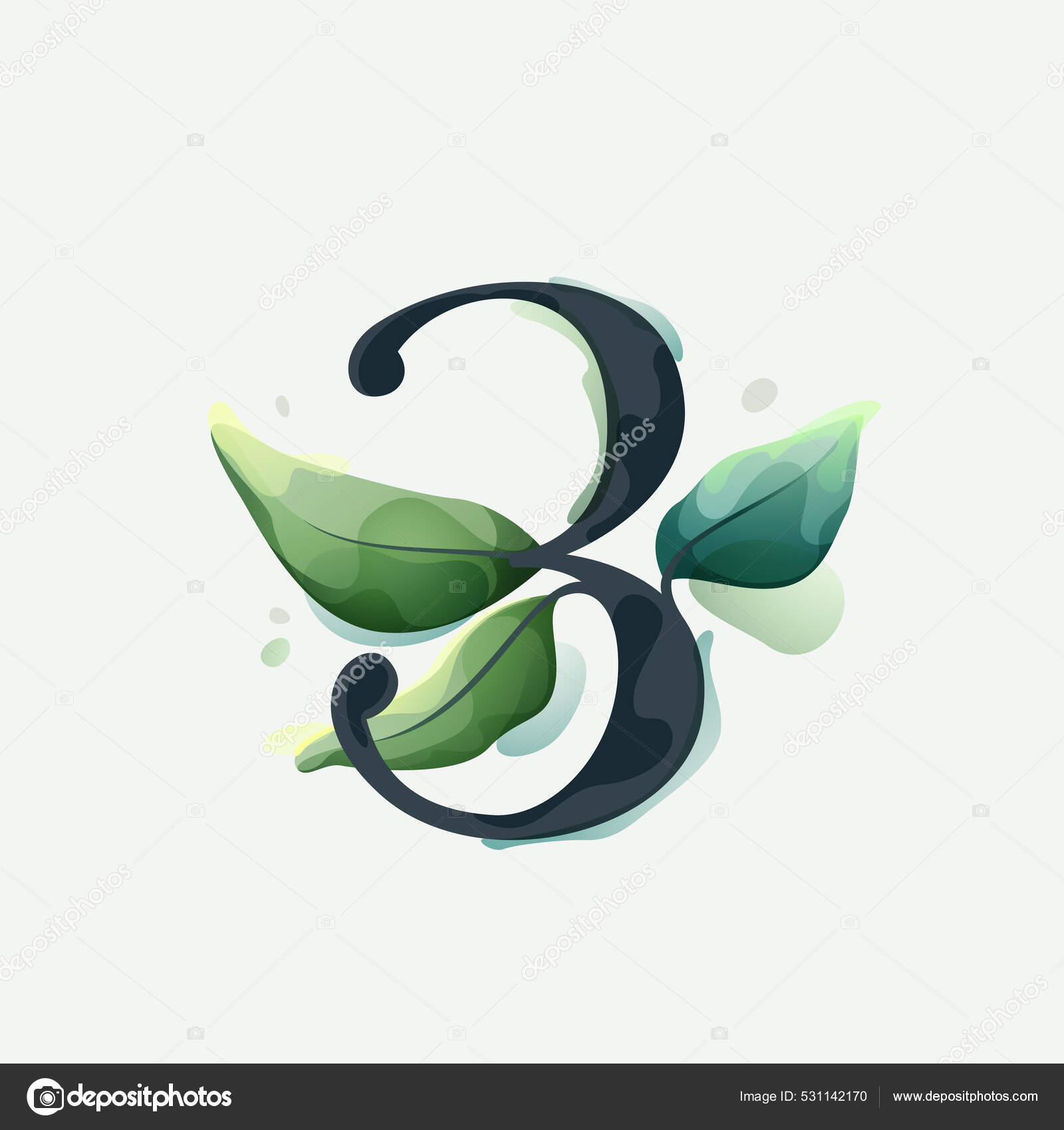 Number Three Logo Green Leaves Clear Vector Watercolor Style Serif ...