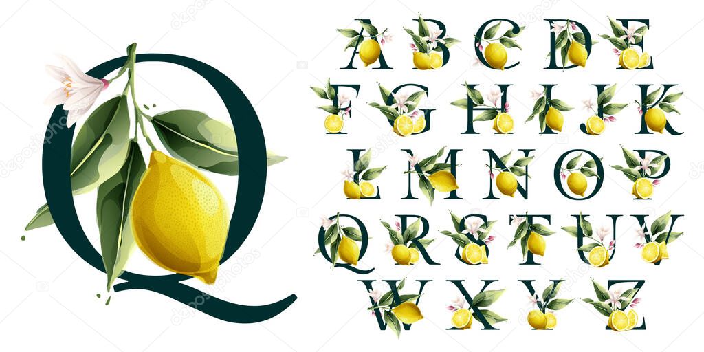 Alfabeto con limones en estilo acuarela vectorial. Ilustración de hojas ...