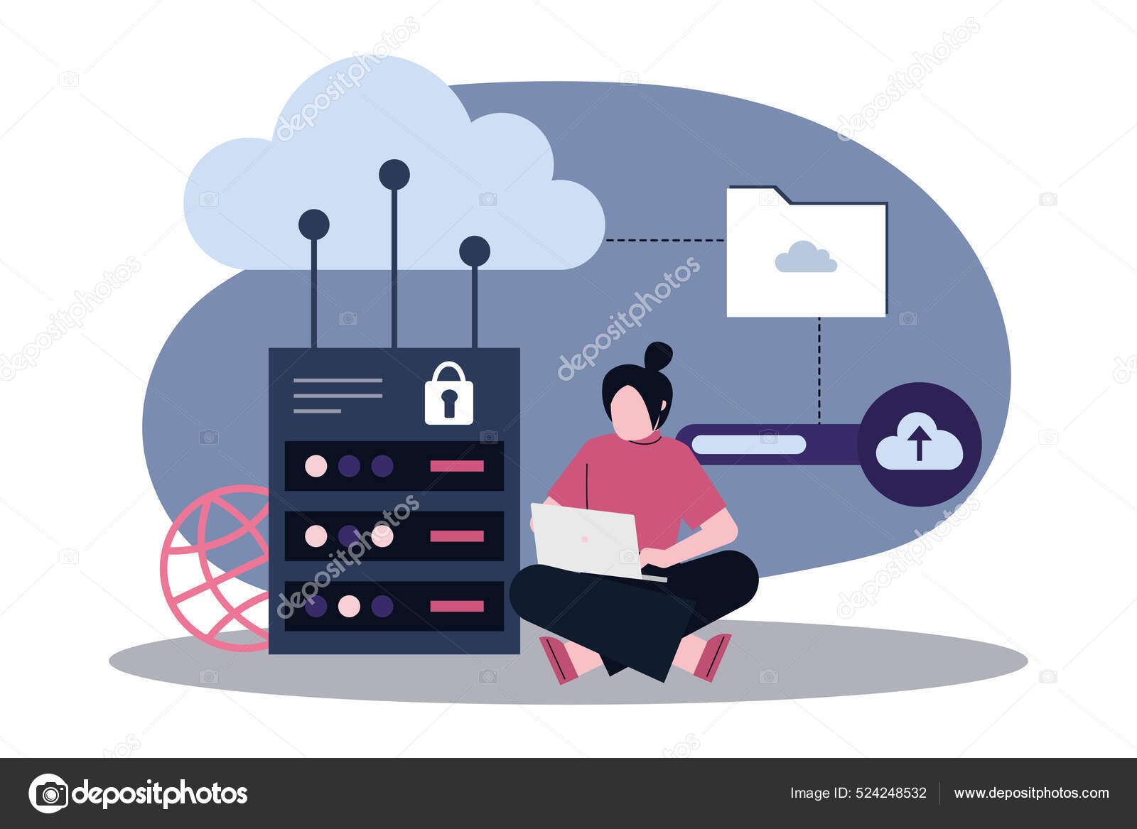 Mujer Dibujos Animados Subir Archivos Almacenamiento Nube Hosting Servicio Escenario Vector de ...