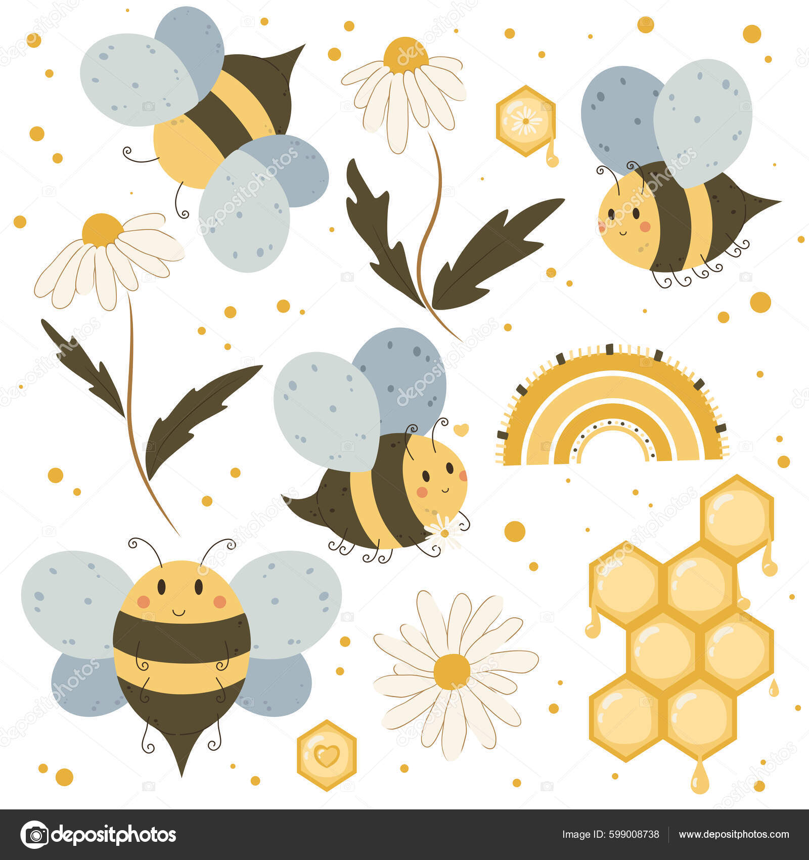 Honey Bees Vector Set Cute Bee Cartoon Collection Funny Illustrations ...