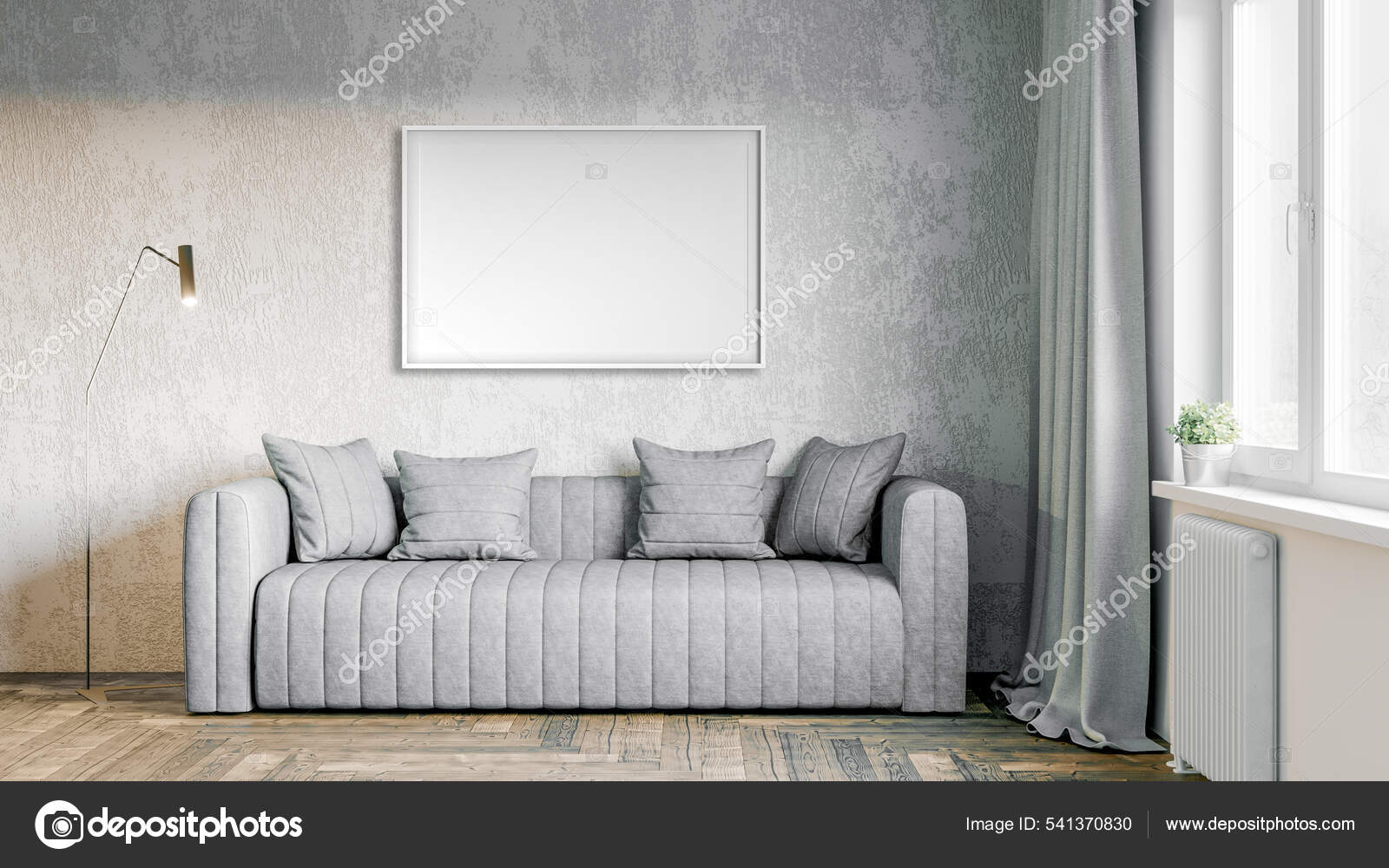 Modern interior of a room with an empty painting. Sofa and large window ...