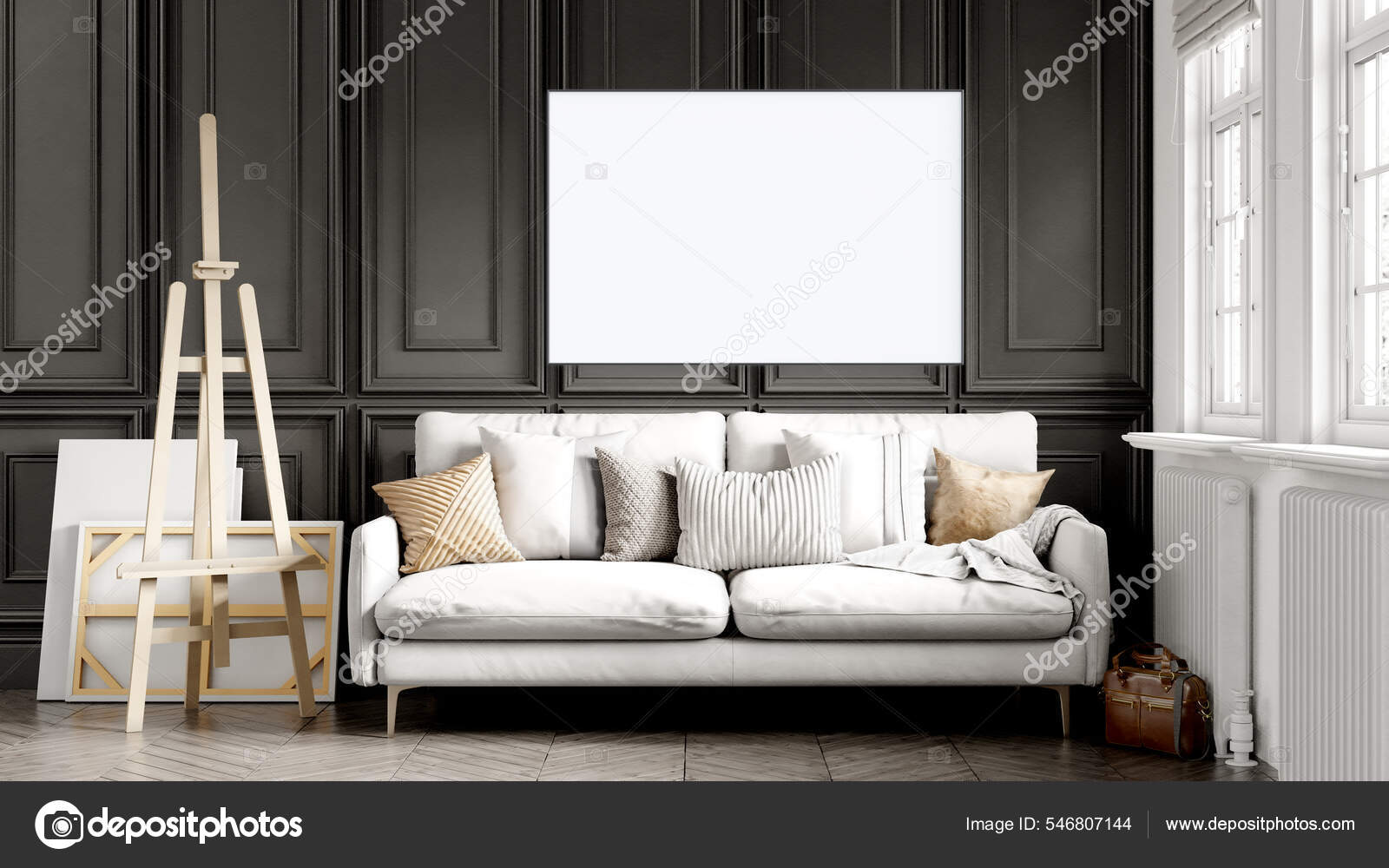 Modern interior of a room with an empty painting. Sofa and large window ...