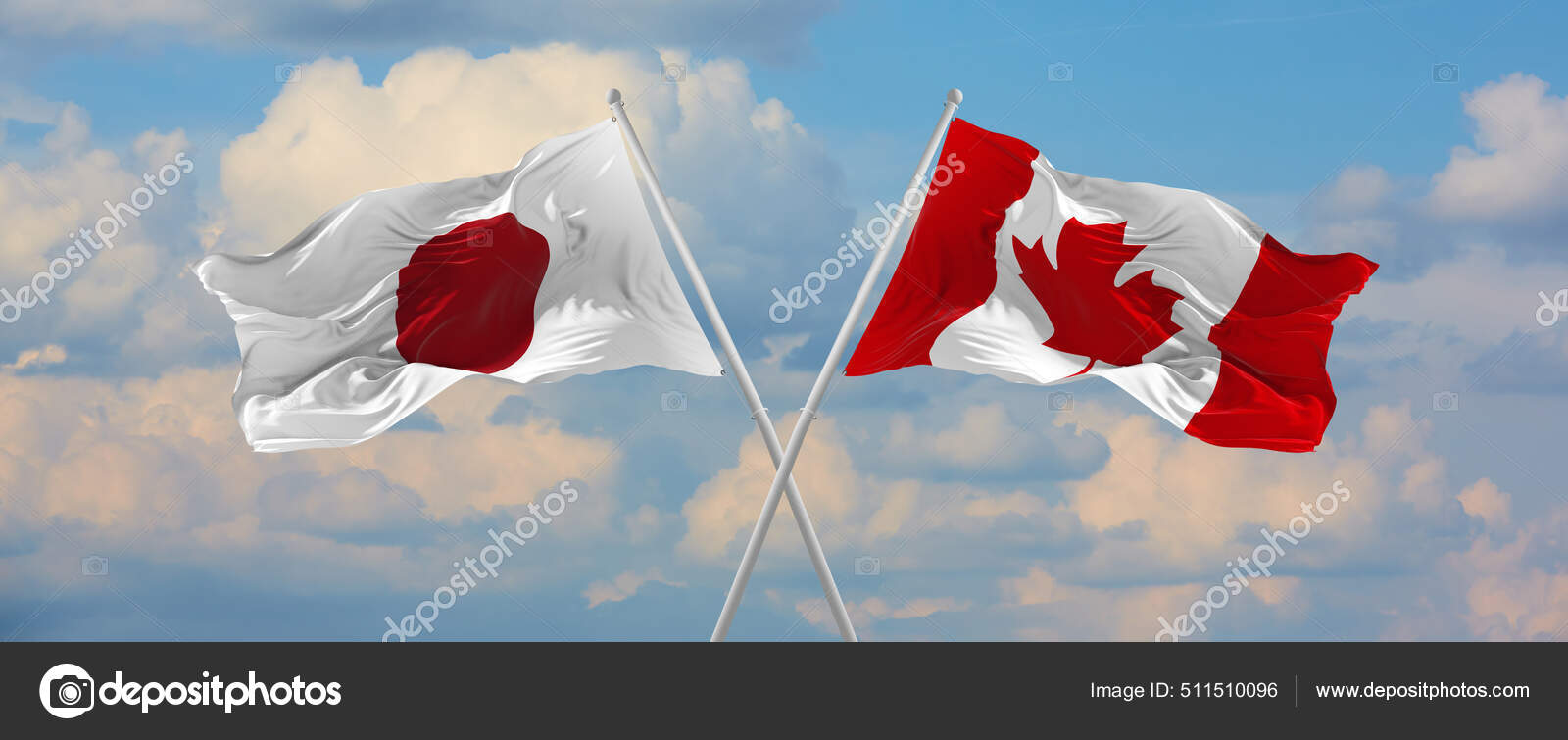 Flags Japan Canada Waving Wind Flagpoles Sky Clouds Sunny Day Stock ...