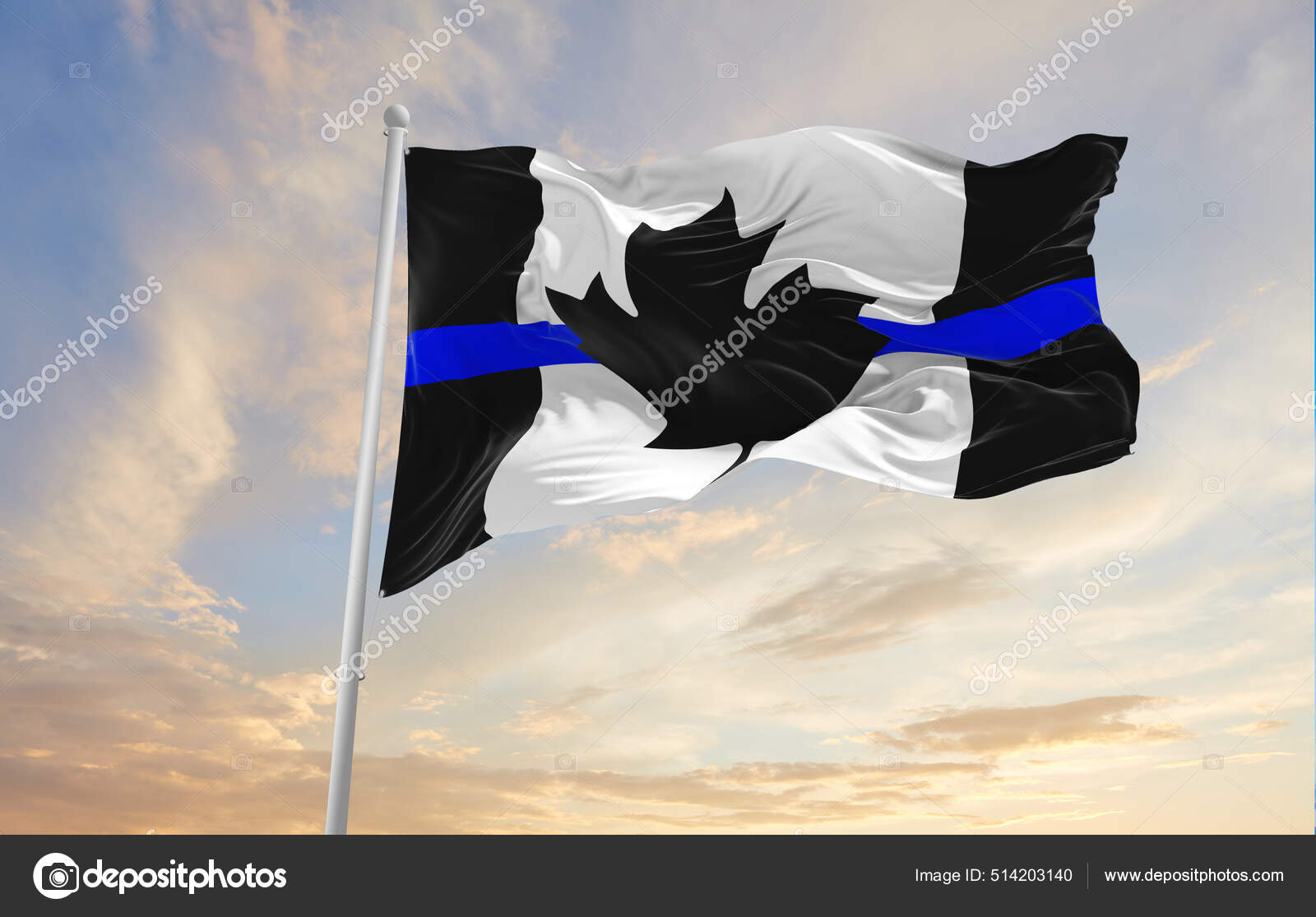 Thin Blue Line Canada Flag Waving Cloudy Sky Background Sunset Stock ...