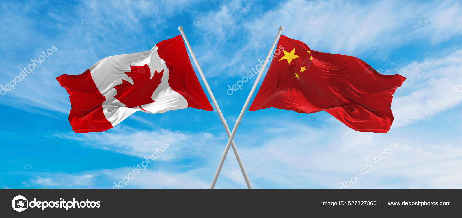 Crossed National Flags Canada China Flag Waving Wind Cloudy Sky — Stock ...