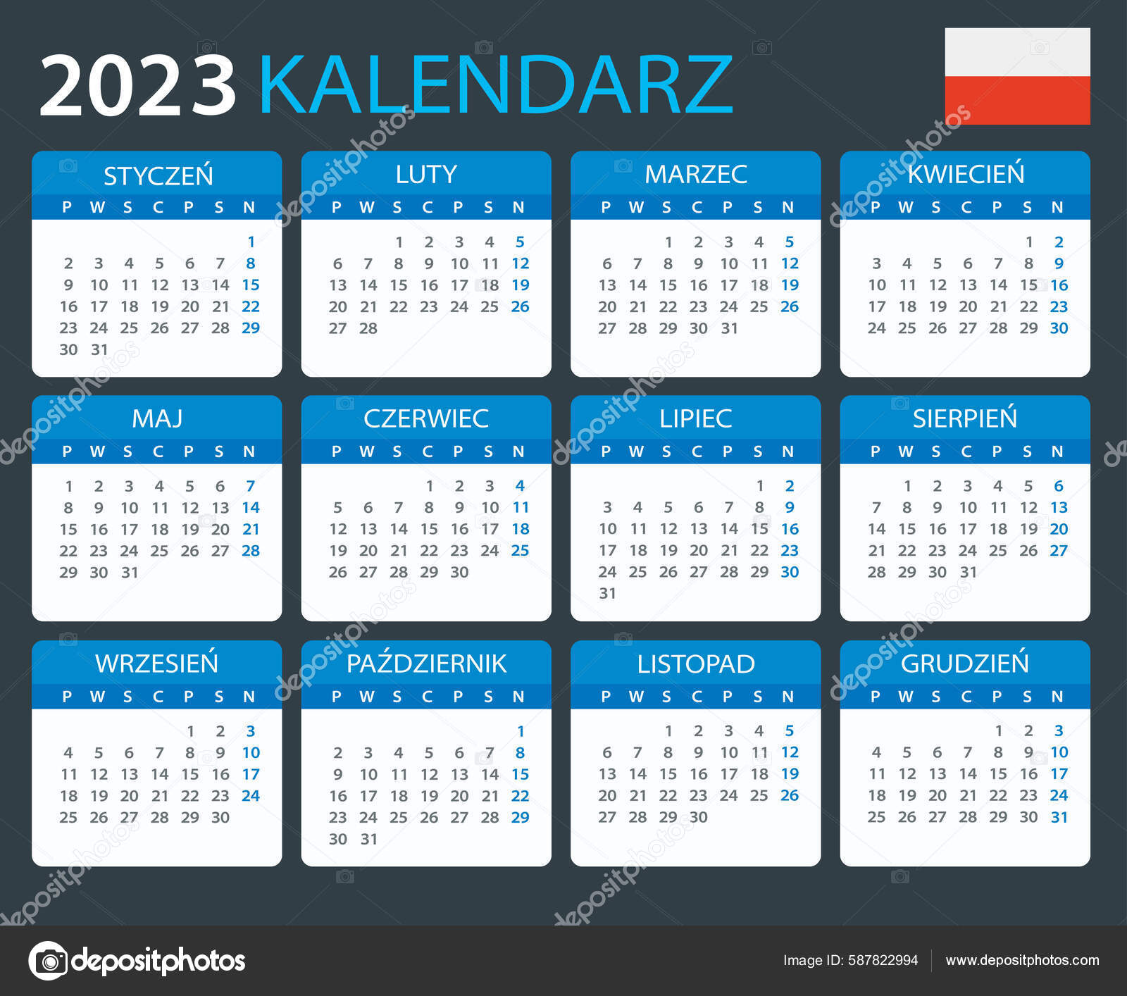 2023 Calendar Vector Template Graphic Illustration Poland Version Stock ...