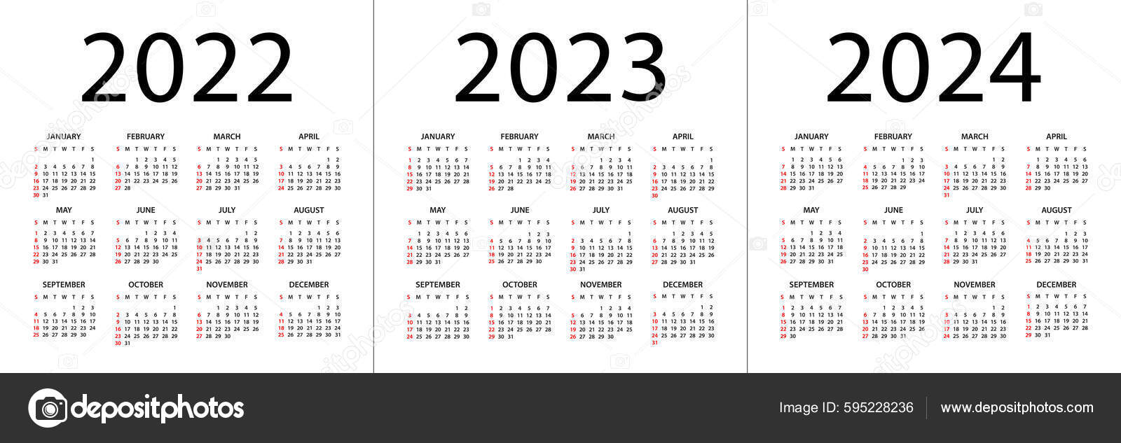 Calendar 2022 2023 2024 Year Vector Illustration Week Starts Sunday ...