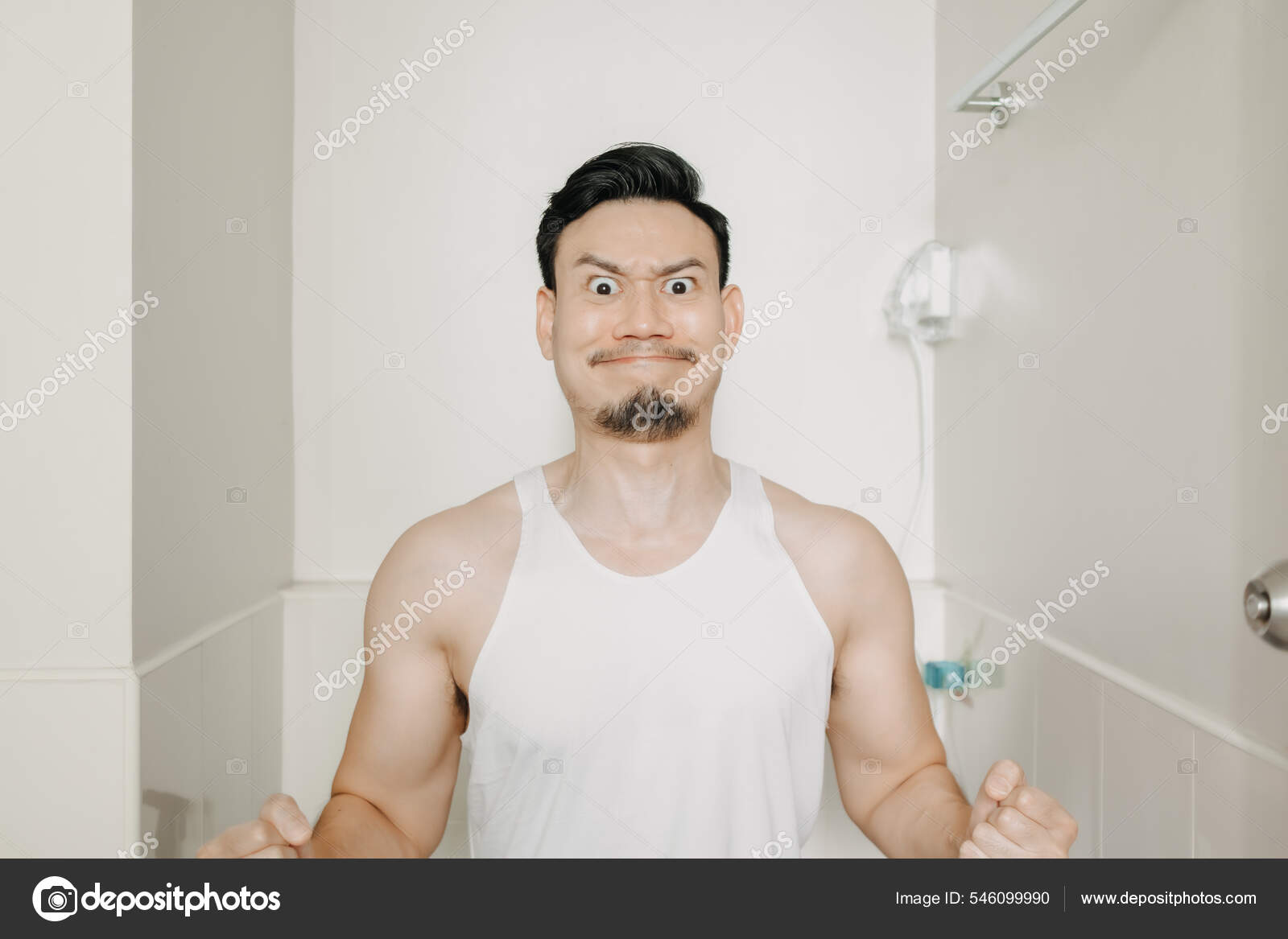Funny face expression of man try to poop in the toilet. Stock Photo by ...