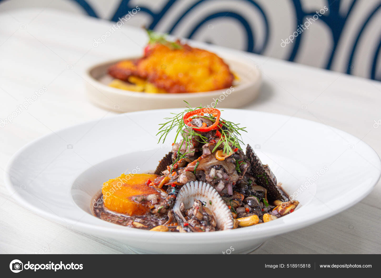 Black Ceviche Shell Very Typical Peru White Plate — Stock Photo ...