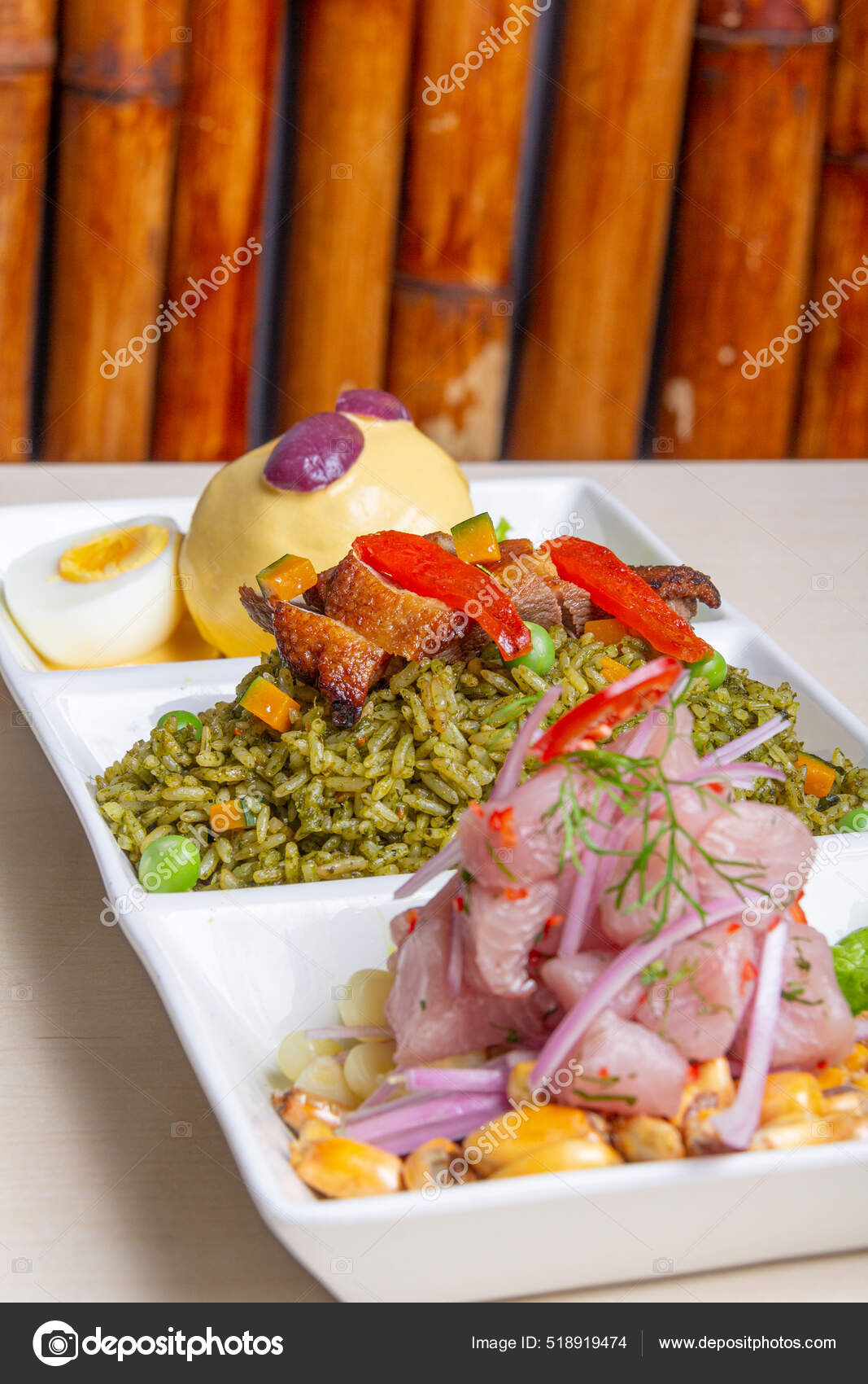 Trios Typical Peruvian Dishes Ceviche Arroz Con Pato Papa Huancaina ...