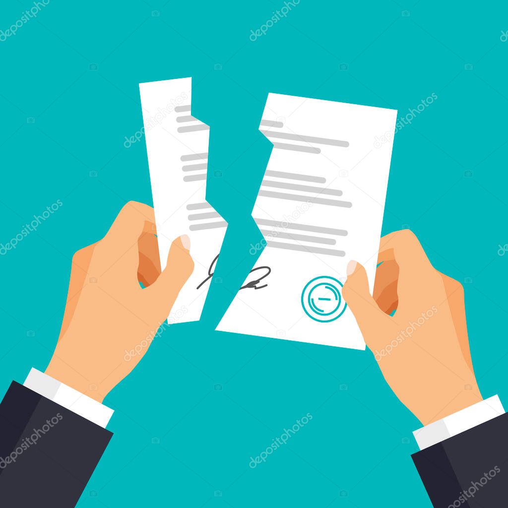 Mano con contrato roto o roto. Hojas de papel arrugadas. Concepto de ...