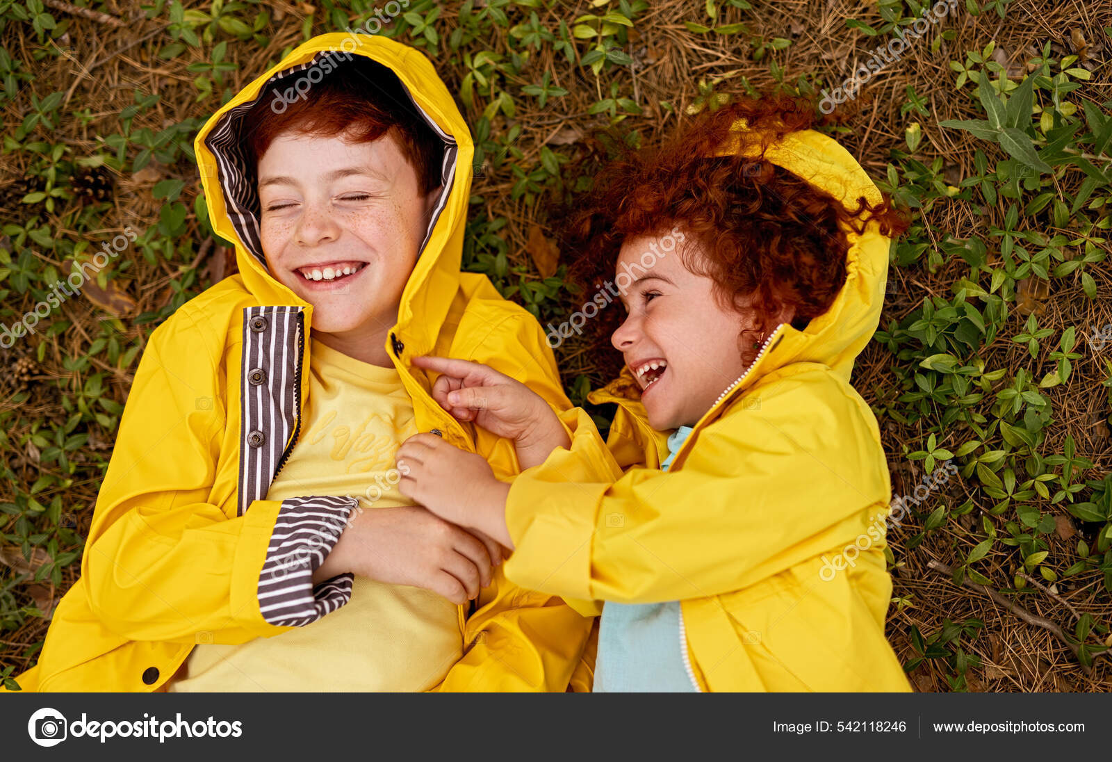 Cheerful ginger siblings lying on grass and laughing Stock Photo by ...