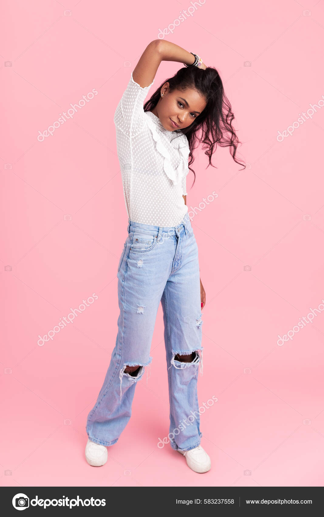 Full Body Young Hispanic Female Trendy Clothes Touching Long Dark Stock ...