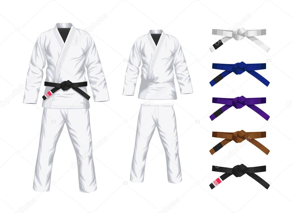 BJJ White Gi flat vector illustration. Kimono and pants with all belts ...
