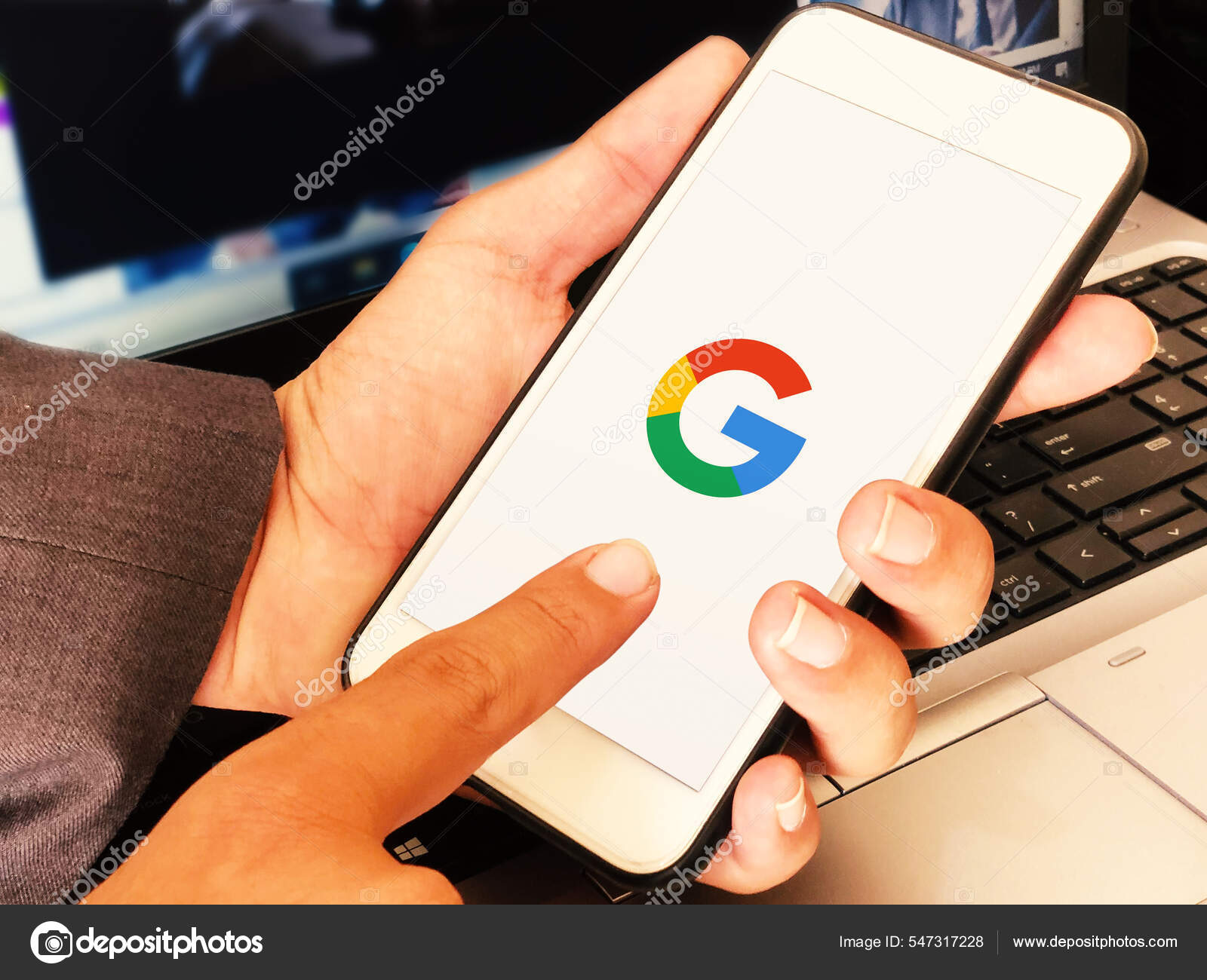 Man Using Google Applications Mobile Editorial Concept Background ...
