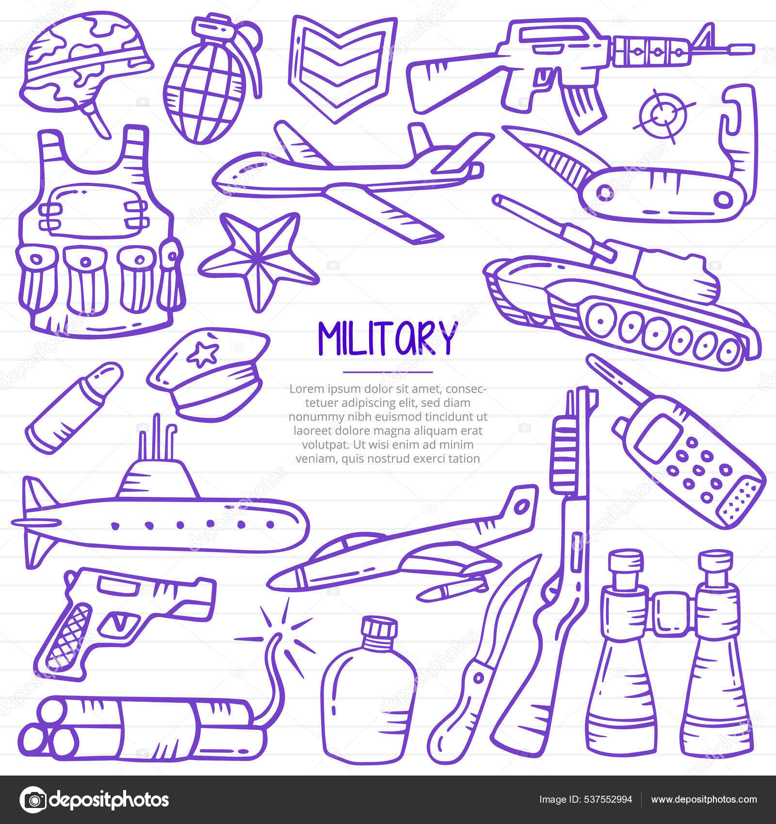 Military Doodle Hand Drawn Outline Style Paper Books Line Vector Stock ...