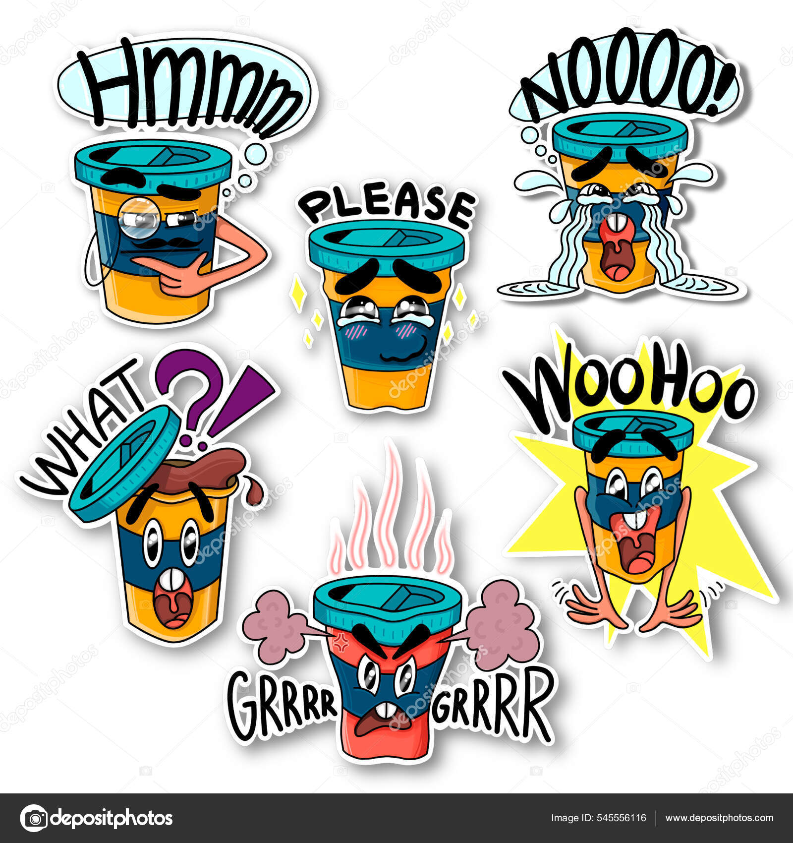 Sticker Pack Set Cute Coffe Cup Emotions Illustration Isolated White ...