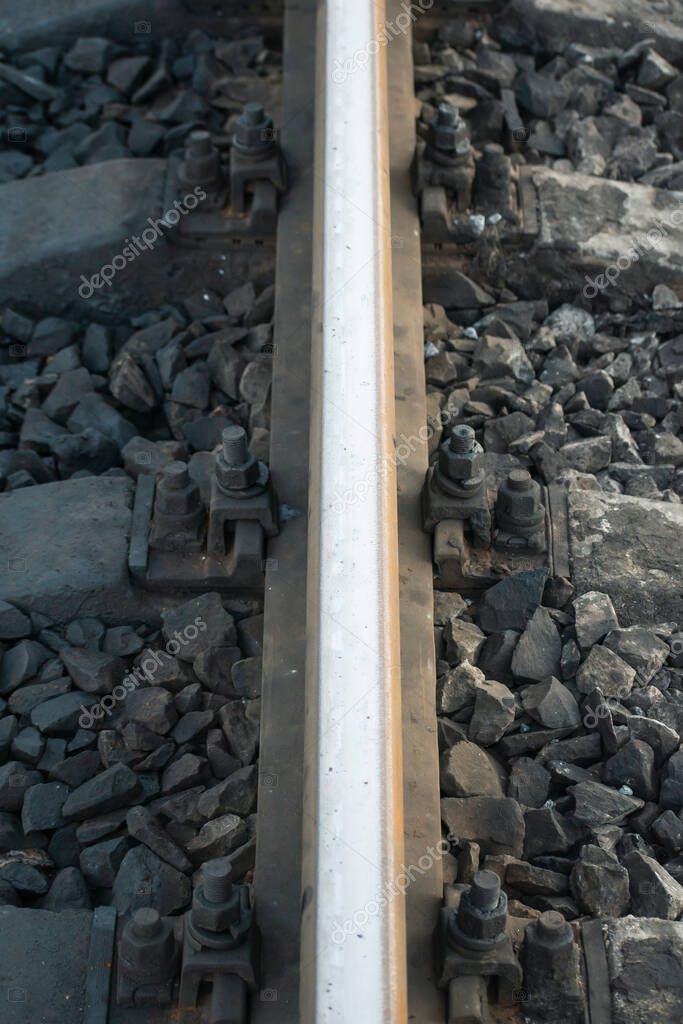 Rail branching. Railway close up. Rails for high-speed trains. Railway ...