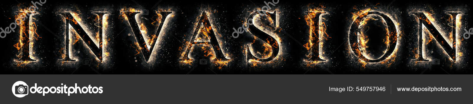 Fiery Inscription Invasion Dusted Ashes Black Background Stock Photo by ...