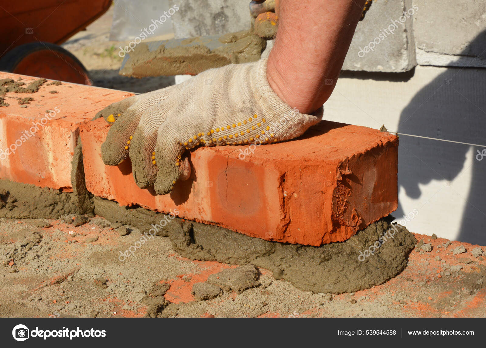 Masonry Construction Bricklayer Laying Bricks Mortar Using Trowel ...