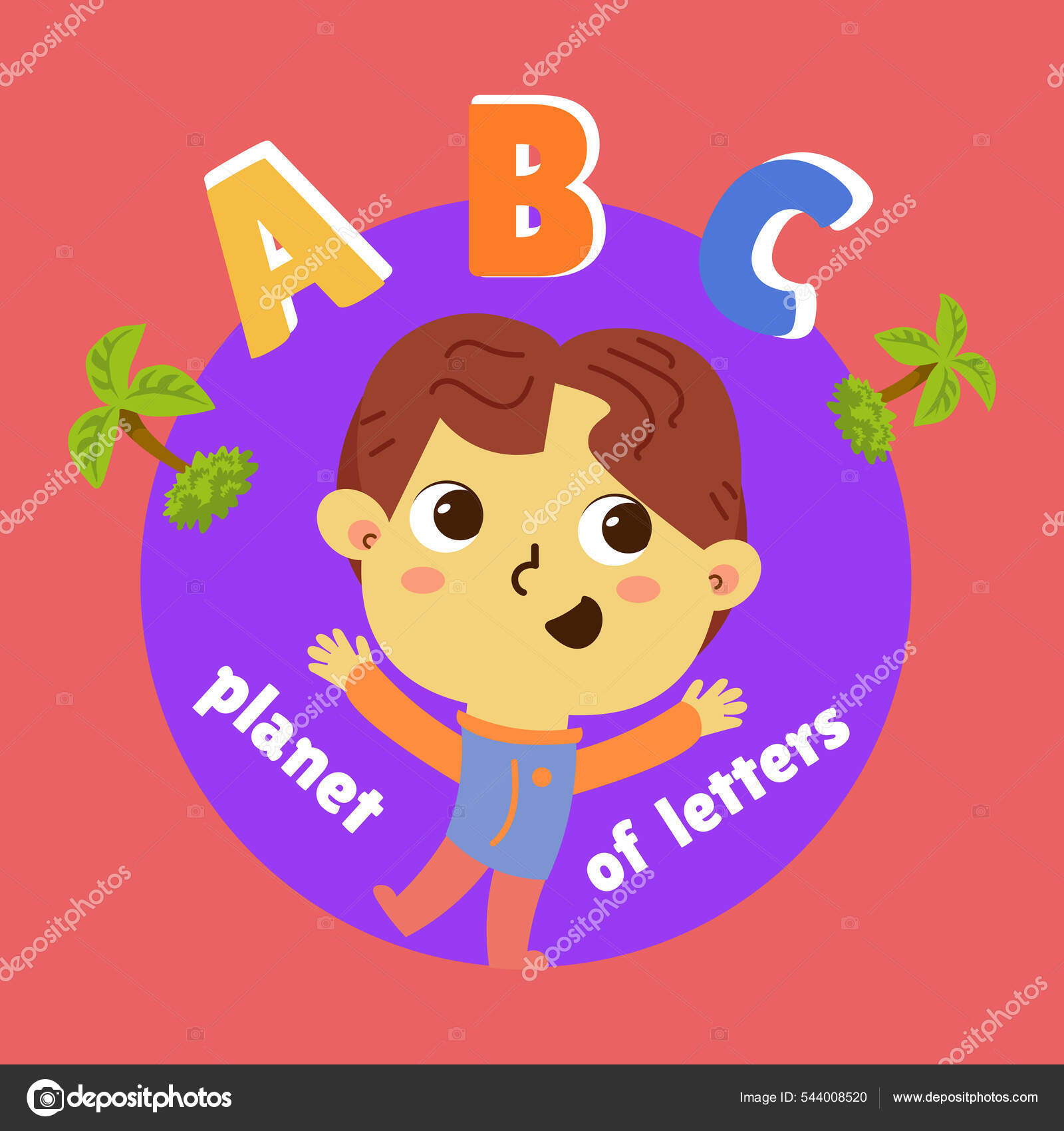 Abc Planet Letters Logo Cute Boy Poster Kids Character Cartoon Stock ...