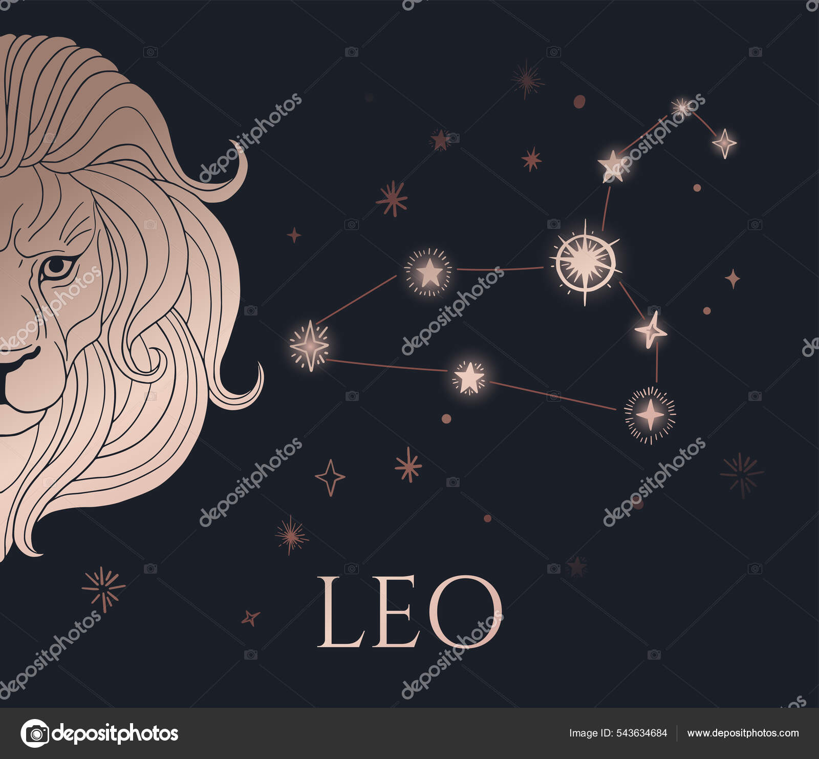 Ilustración Cabeza León Signo Del Zodiaco Leo Negro Oro Con Vector