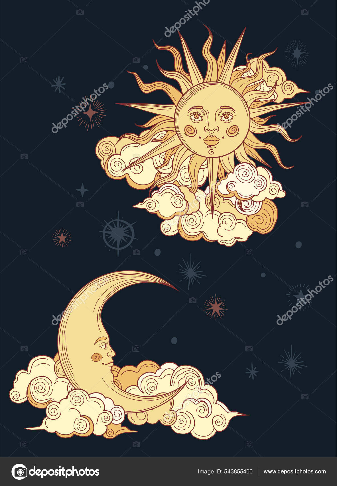 Mystic Sun Moon Faces Yellow Clouds Stock Illustration by ©jeid6x ...
