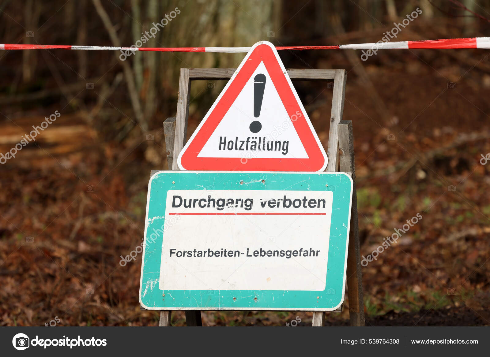 Forest. Text in German: Logging. Acces denied. Forestry work - danger ...