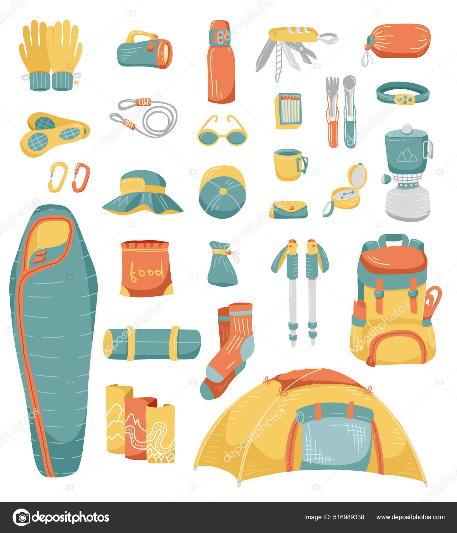 Camping Outdoor Recreation Elements Set Hand Drawn Style Isolated White ...