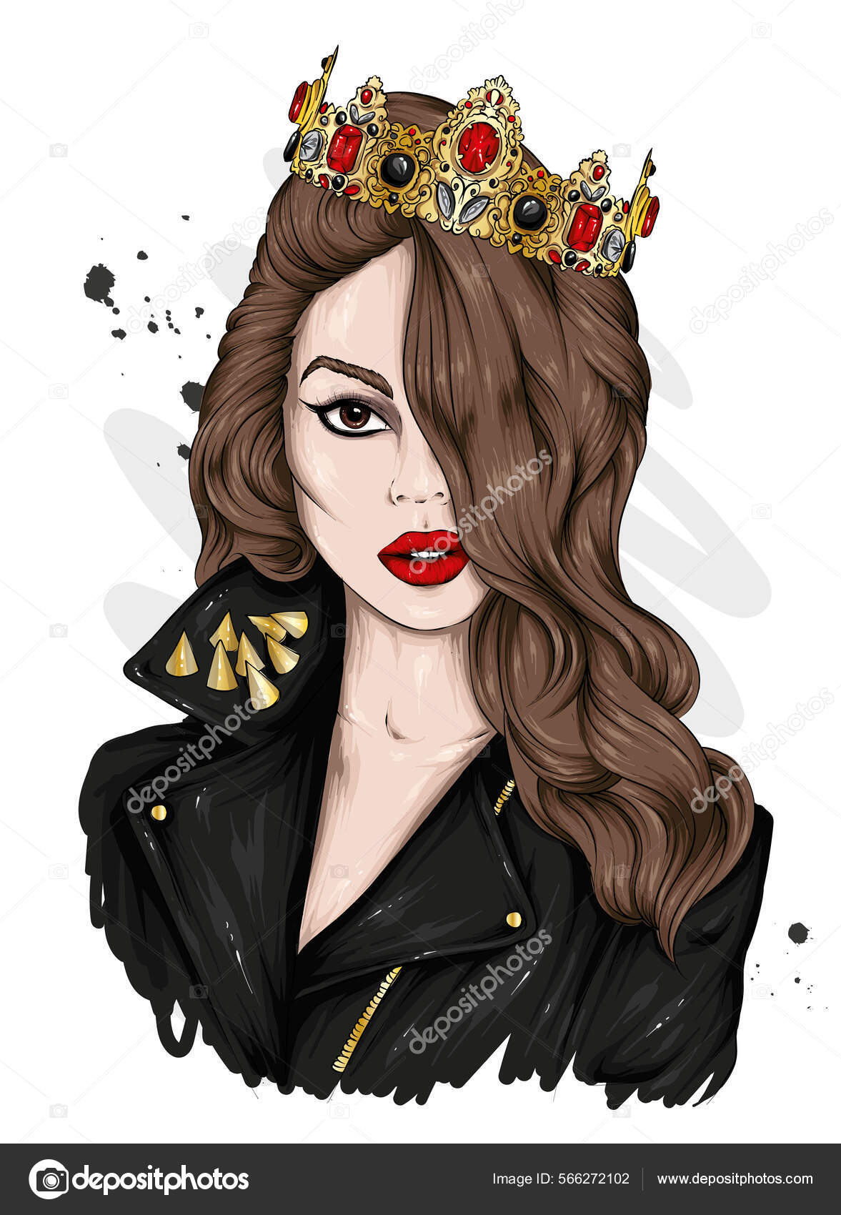 Portrait Beautiful Girl Crown Vector Illustration Fashion Style Vector ...