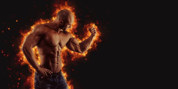 Bodybuilder Posing Fire Flames Background High Quality Photo Stock ...