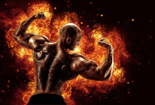 Brutal Strong Athletic Bodybuilder Posing Fire Spark Explosion ...
