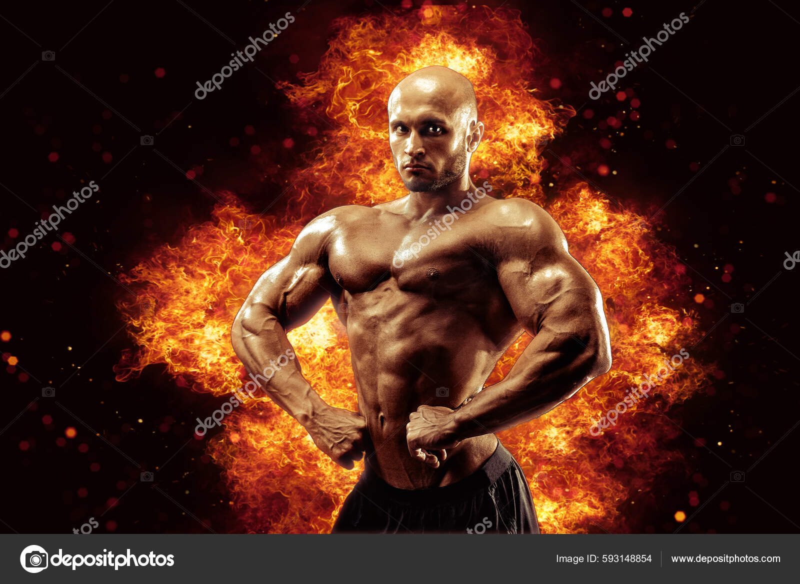 Brutal Strong Athletic Bodybuilder Posing Fire Spark Explosion ...