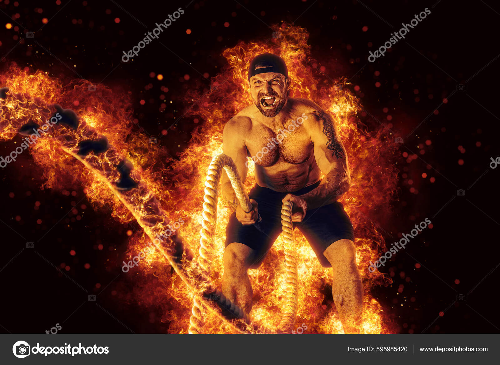 Muscular Man Working Out Battle Ropes Flame Background Stock Photo by ...