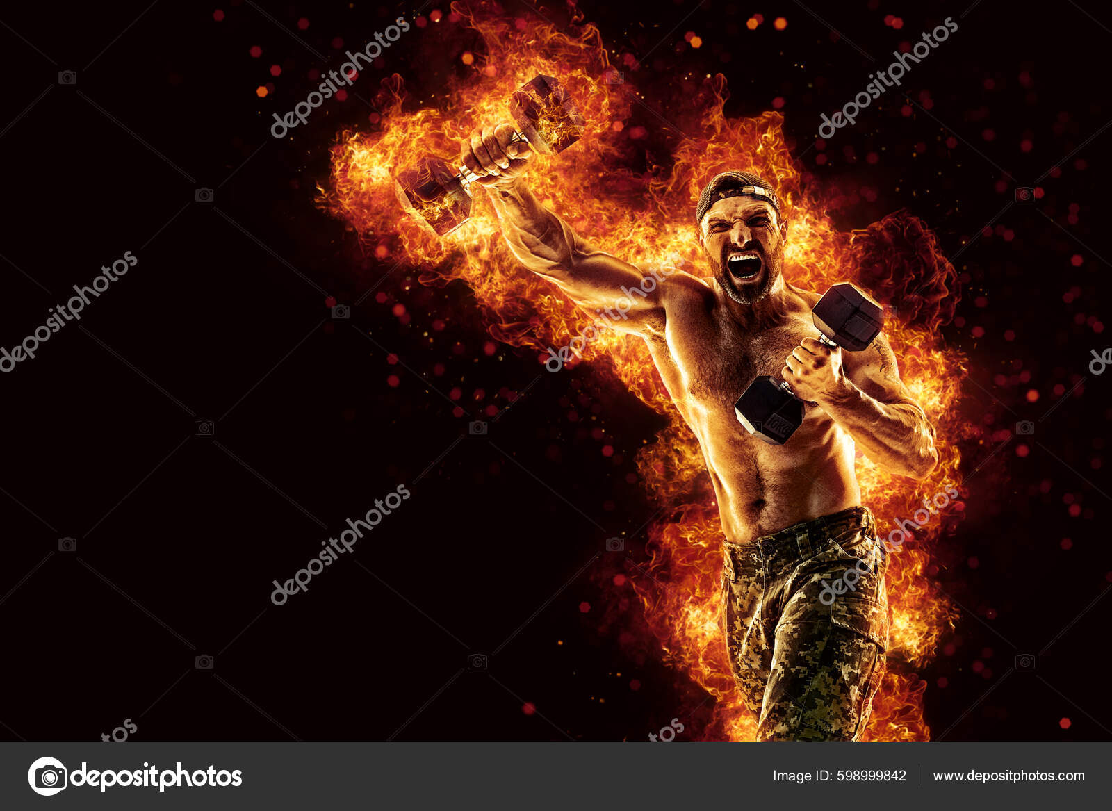 Handsome Bearded Shirtless Tattooed Bodybuilder Workout Wih Dumbbell ...