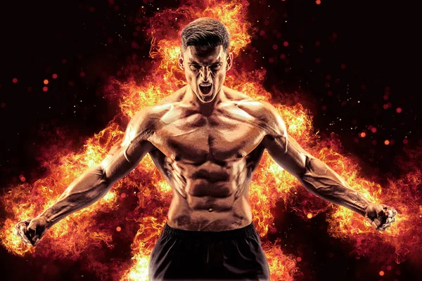 Bodybuilder Posing Fire Flames Background High Quality Photo — Stock ...