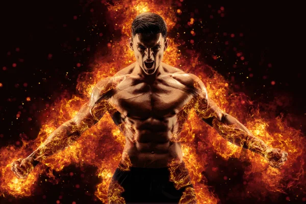 Bodybuilder Posing Fire Flames Background High Quality Photo — Stock ...