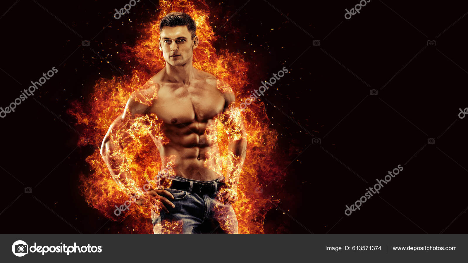 Bodybuilder Posing Fire Flames Background High Quality Photo Stock ...