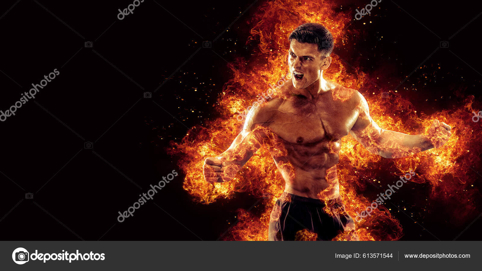 Bodybuilder Posing Fire Flames Background High Quality Photo — Stock ...