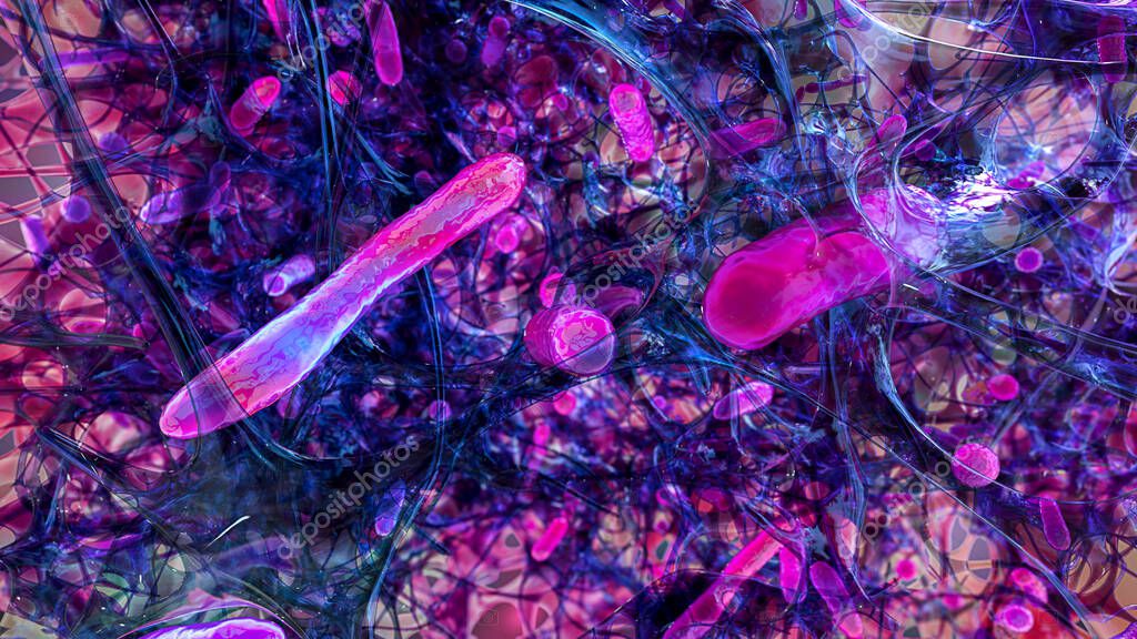 Bacterias resistentes a los antibióticos en un biofilm, ilustración 3D ...